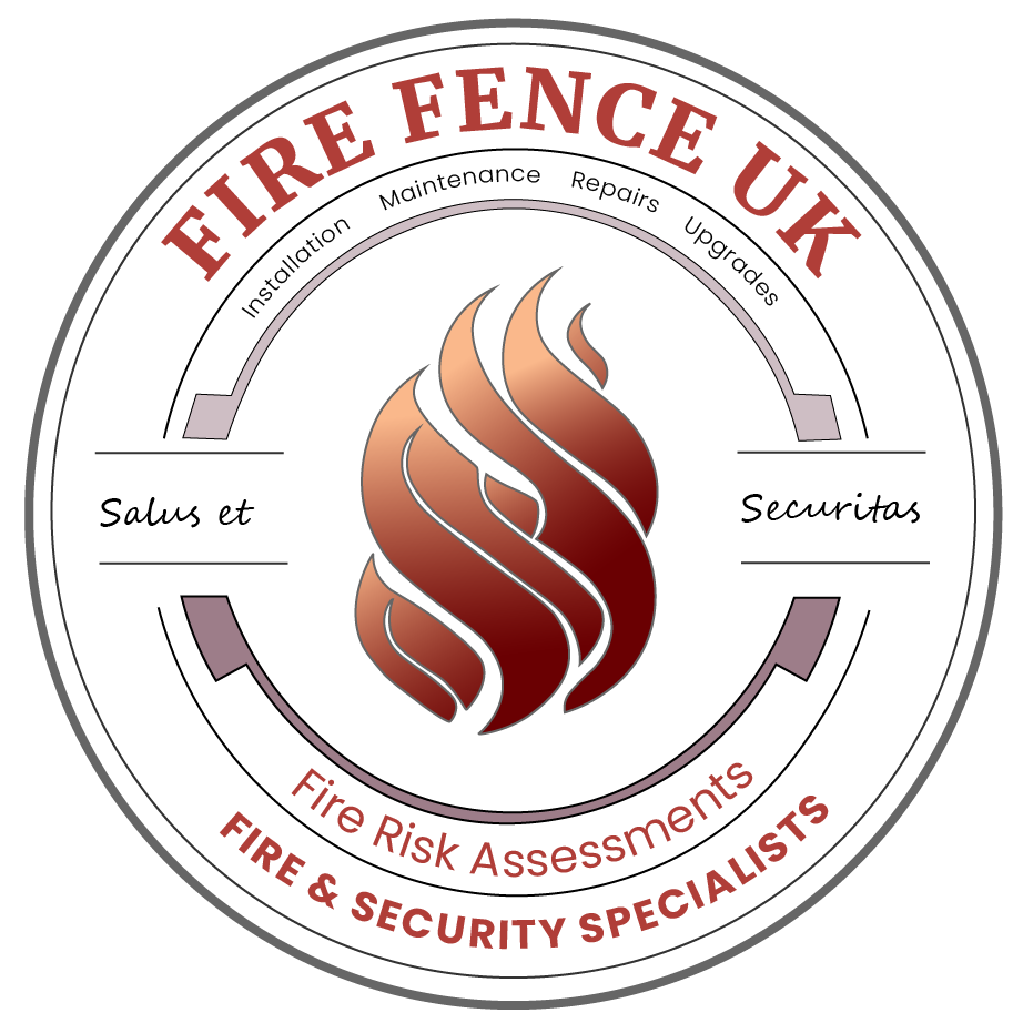 company logo, a circle with a flame in the middle fire fence uk written ...